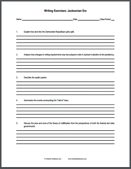 Writing Exercises: Jacksonian Era | Student Handouts