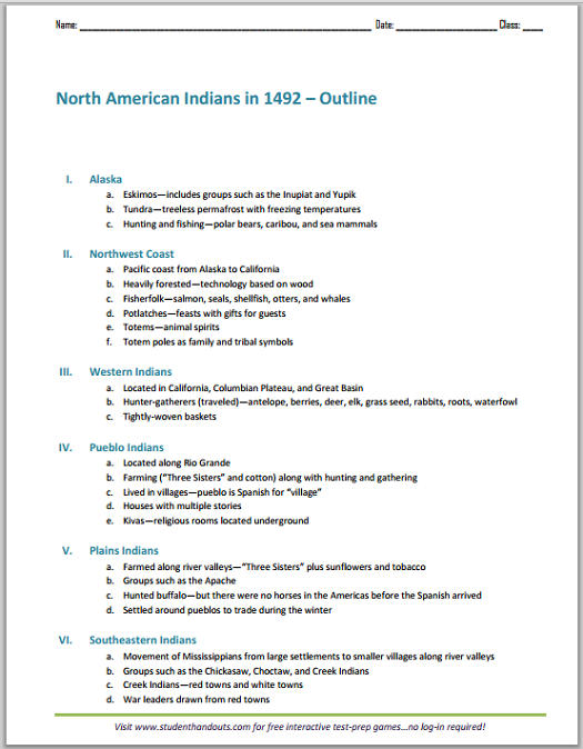 Native North American Indians, 1492 - Outline | Student Handouts