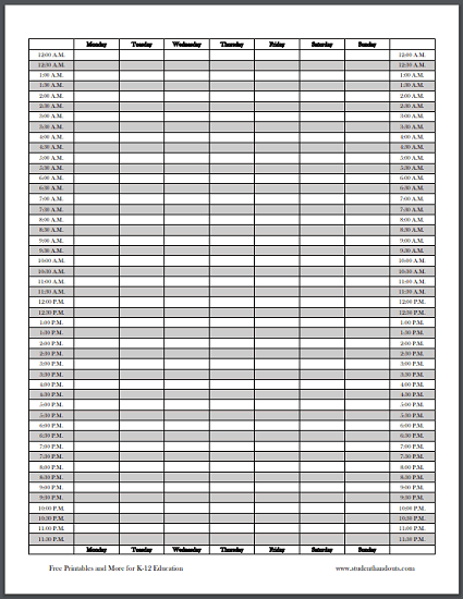 24 7 Weekly Planner Calendar Sheet Student Handouts