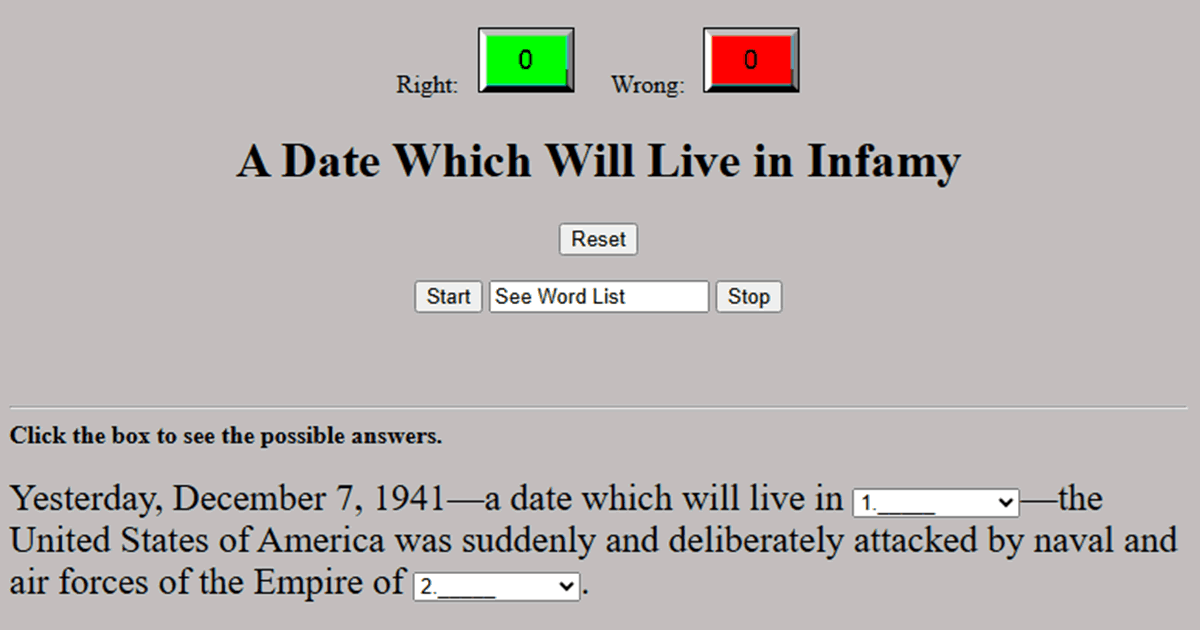 A Date Which Will Live in Infamy Gap Text Game | Student Handouts