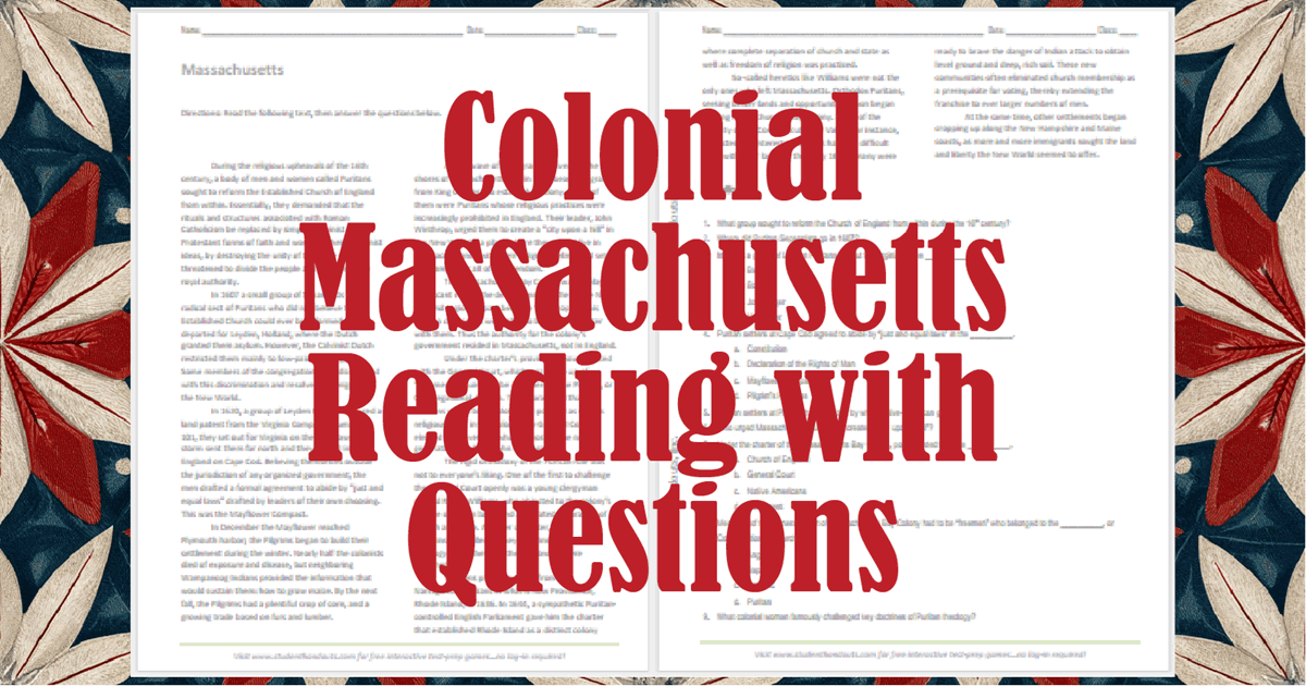 Colonial Massachusetts Reading with Questions | Student Handouts