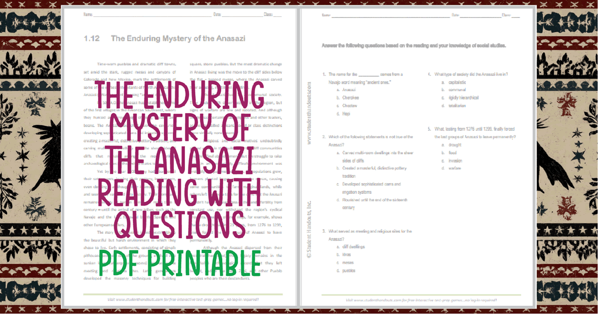 Enduring Mystery of the Anasazi Reading with Questions | Student Handouts