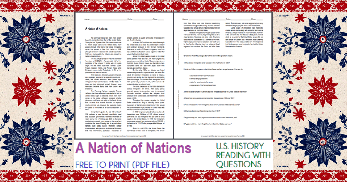 A Nation of Nations Reading with Questions | Student Handouts