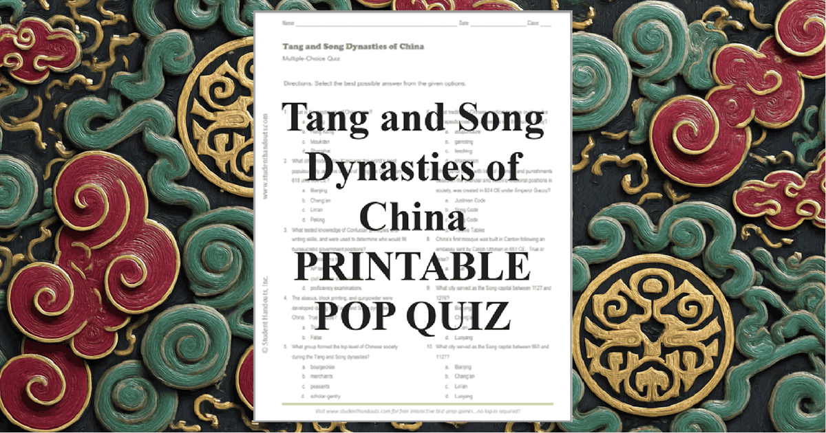 Tang and Song Dynasties of China Printable Pop Quiz | Student Handouts